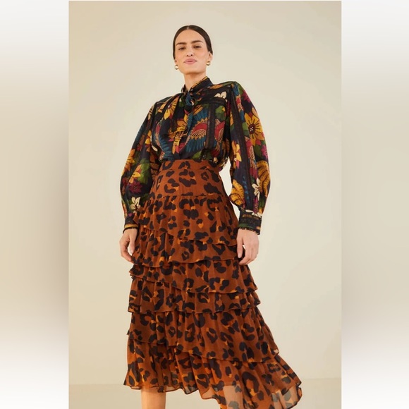 FARM Rio | Skirts | Farm Rio Caramel Maxi Leopard Frill Skirt | Poshmark